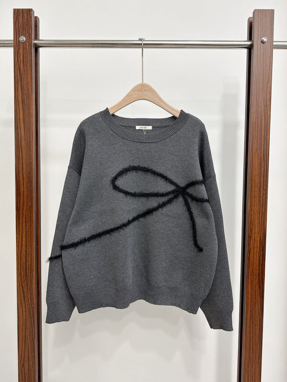 2512068 MB Ribbon Feather Embroidered Knit Top - Charcoal – Jolie Femme ...